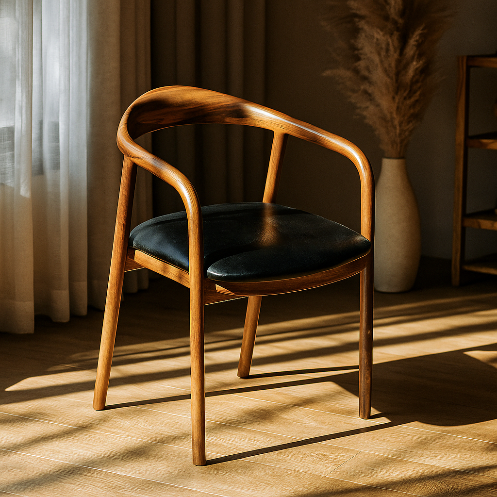 Solid Wood Walnut Dining Chair with Black Leather Cushion
