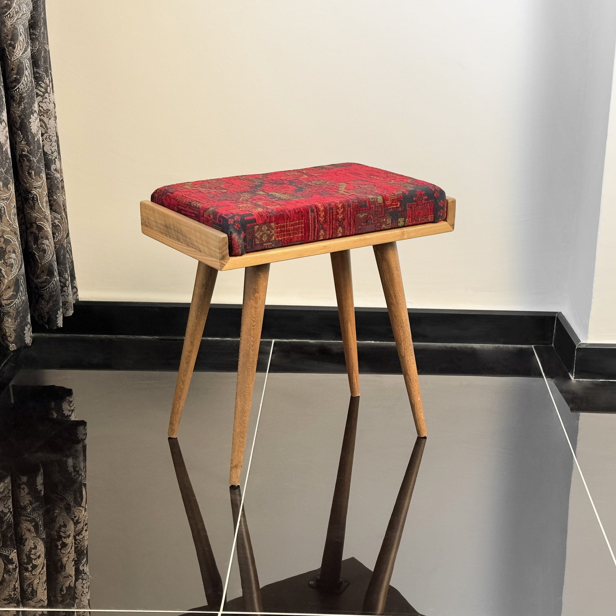 Wooden Piano Bench - Red Velvet Keyboard Stool